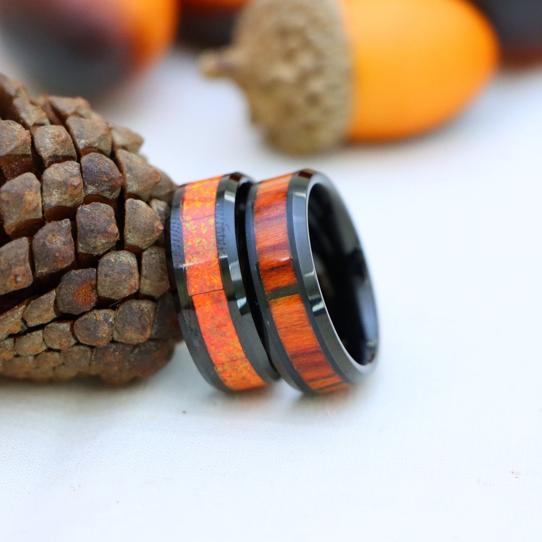 Dark Mahogany Wood Inlay Wedding Bands, Orange Opal Inlay Black ...
