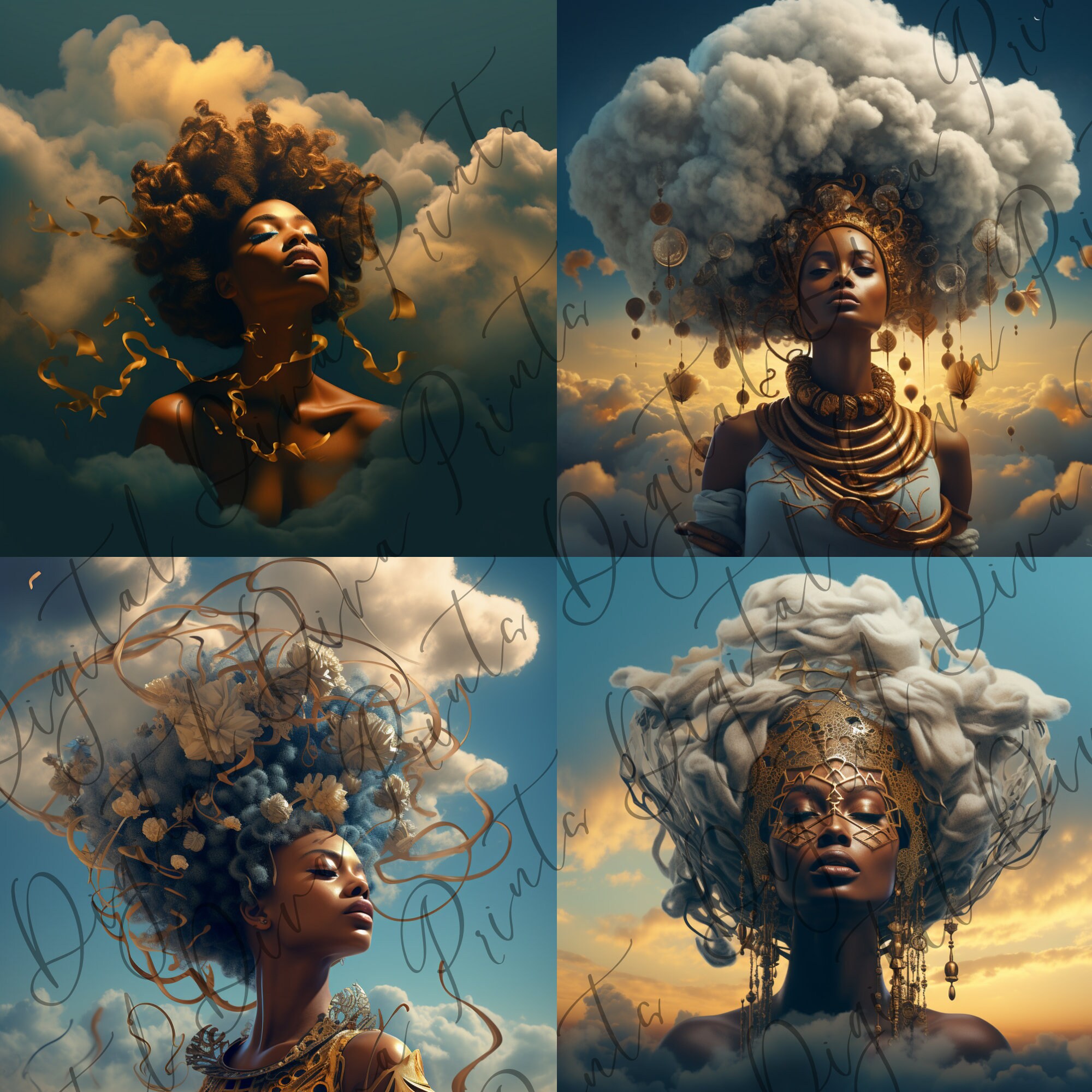 Head in the Clouds- Black Woman AI Art, Black Art, Afro Art, Clouds ...