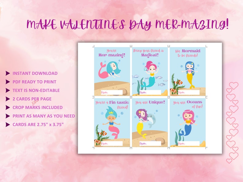 Printable Mermaid Valentines Day Cards, Classroom Valentine's Day Cards ...