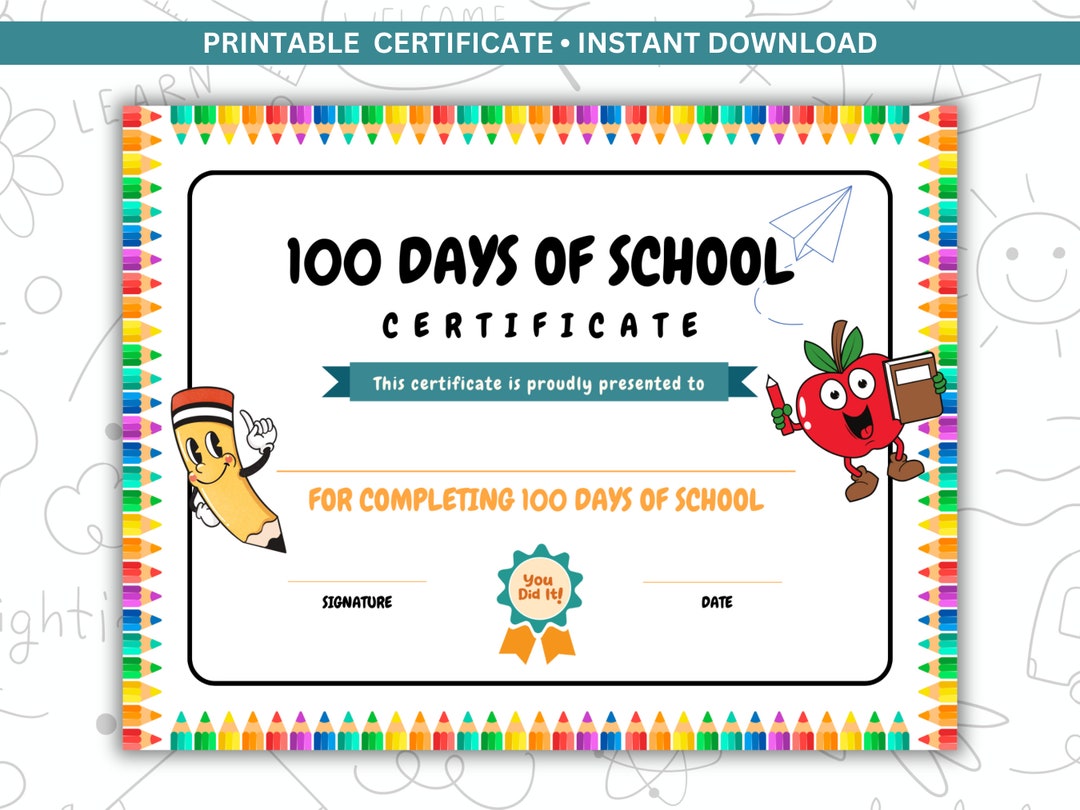 100 Days of School Certificate, 100 Days Smarter, 100 Days Printable ...