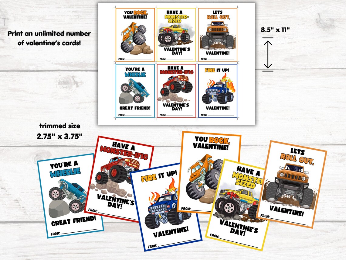 Monster Truck Valentines Cards, Kids Printable Valentine's Cards ...