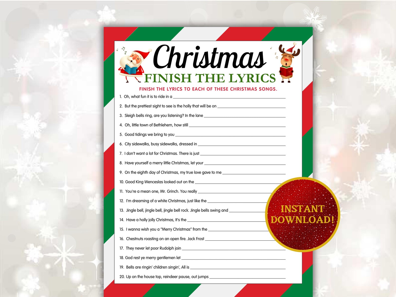 Christmas Finish the Lyric Party Game, Printable Christmas Finish the ...