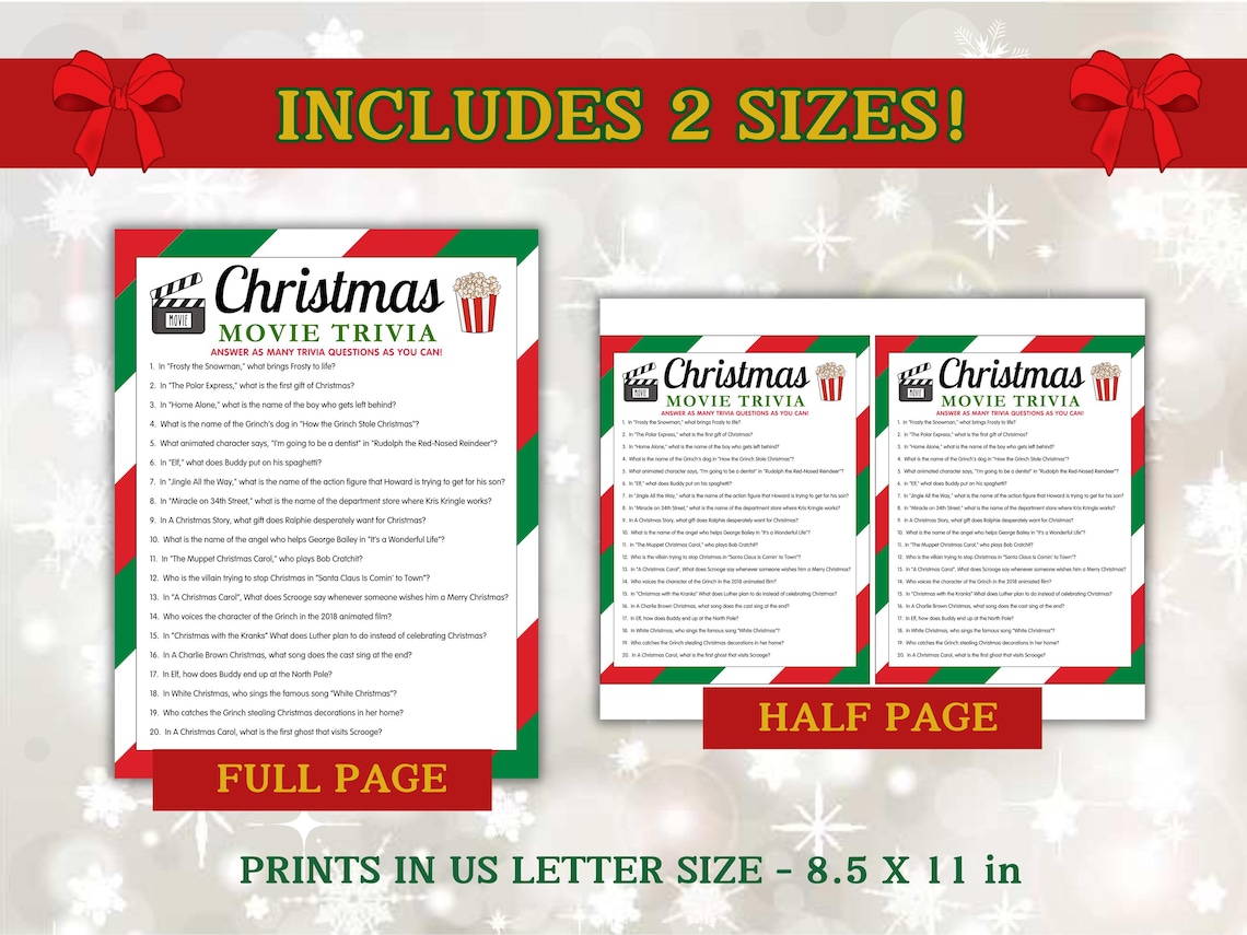 Christmas Movie Trivia Game, Holiday Movie Trivia Quiz, PRINTABLE ...