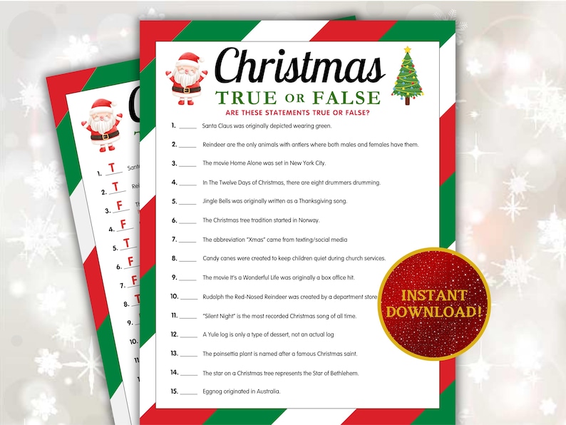 True or False Christmas Game Printable, Christmas Family Quiz, Holiday ...
