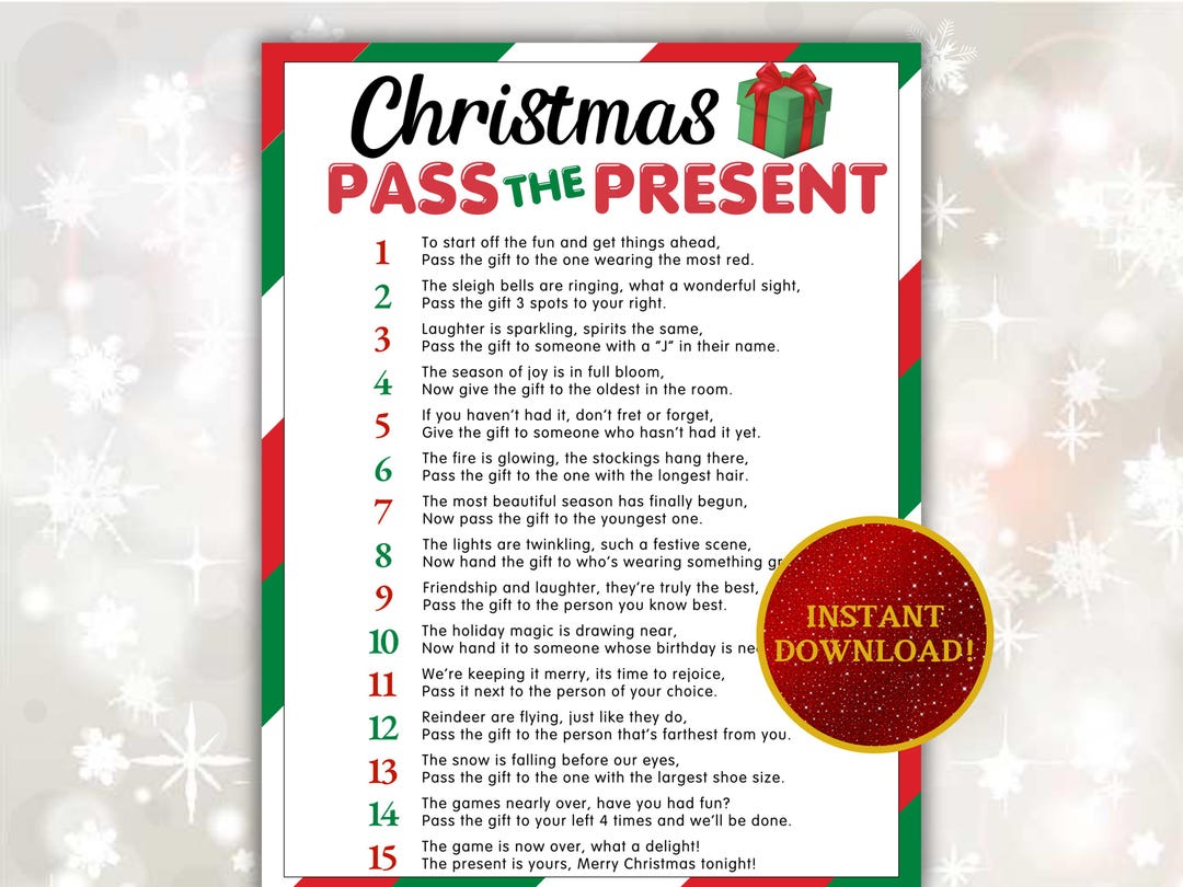 Christmas Pass the Present Game, Printable Christmas Party Game Teen ...