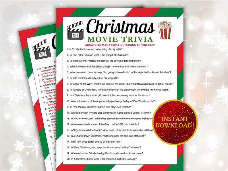 Christmas Movie Trivia Game, Holiday Movie Trivia Quiz, PRINTABLE ...