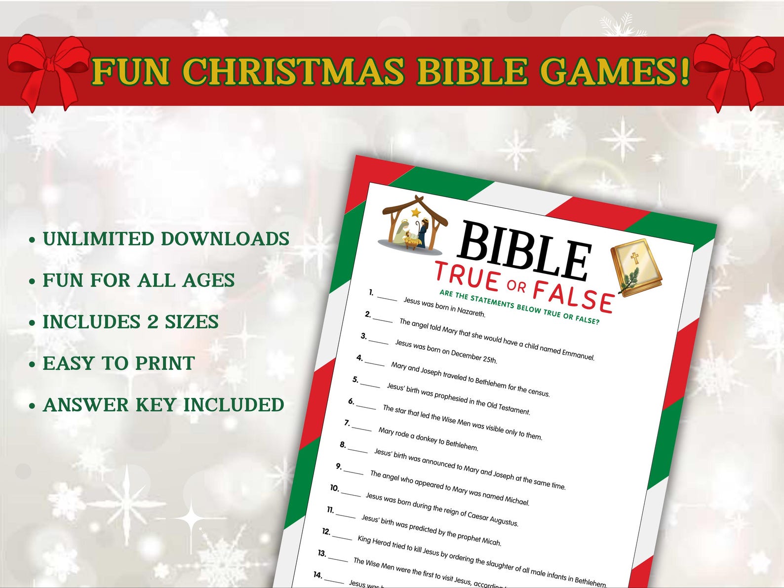 Bible True or False Trivia Game, Christian Christmas True or False Game ...