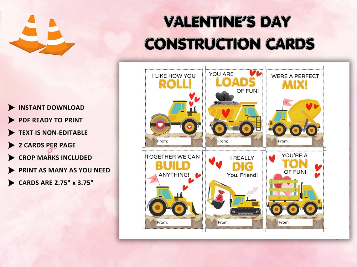 Construction Valentines Day Cards for Kids, Printable Classroom ...