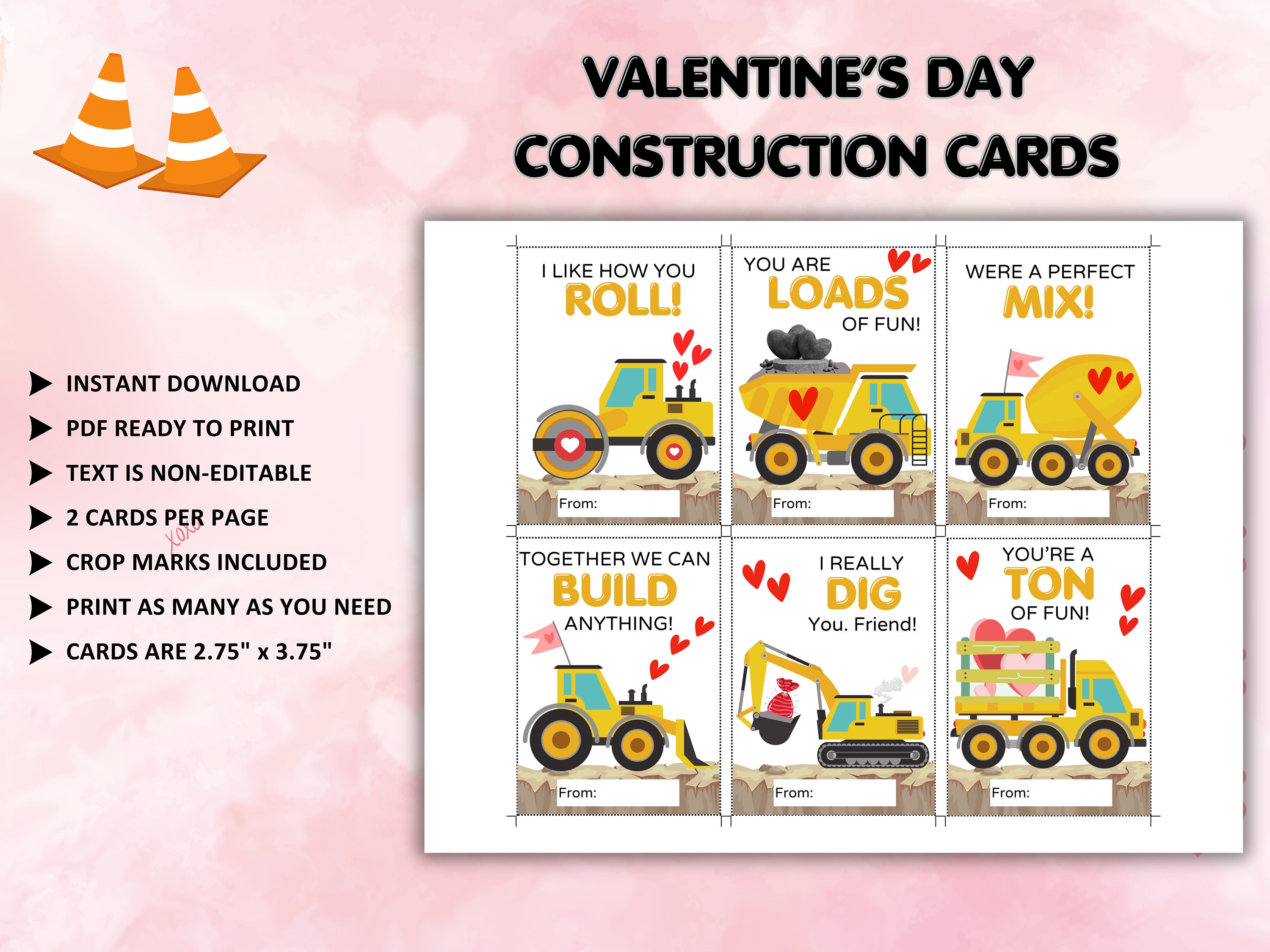 Construction Valentines Day Cards for Kids, Printable Classroom ...