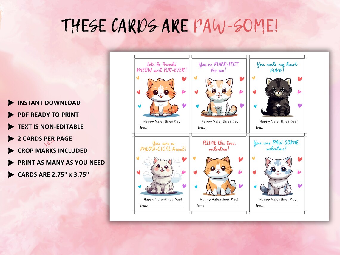 Cat Valentine's Day Cards, Printable Valentine's Cards, Classroom ...