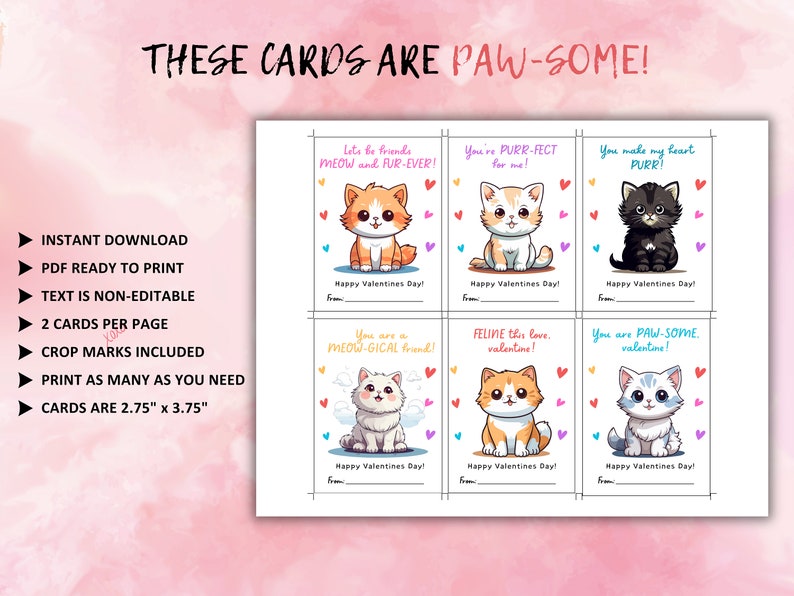 Cat Valentine's Day Cards, Printable Valentine's Cards, Classroom ...