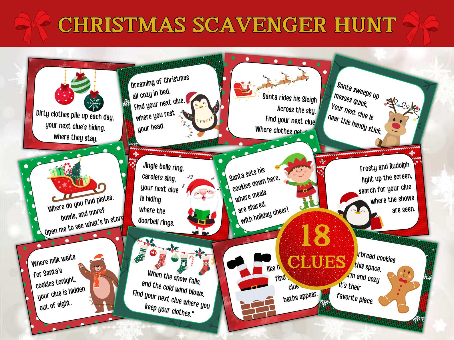 Printable Christmas Scavenger Hunt Clues, Christmas Treasure Hunt Cards ...