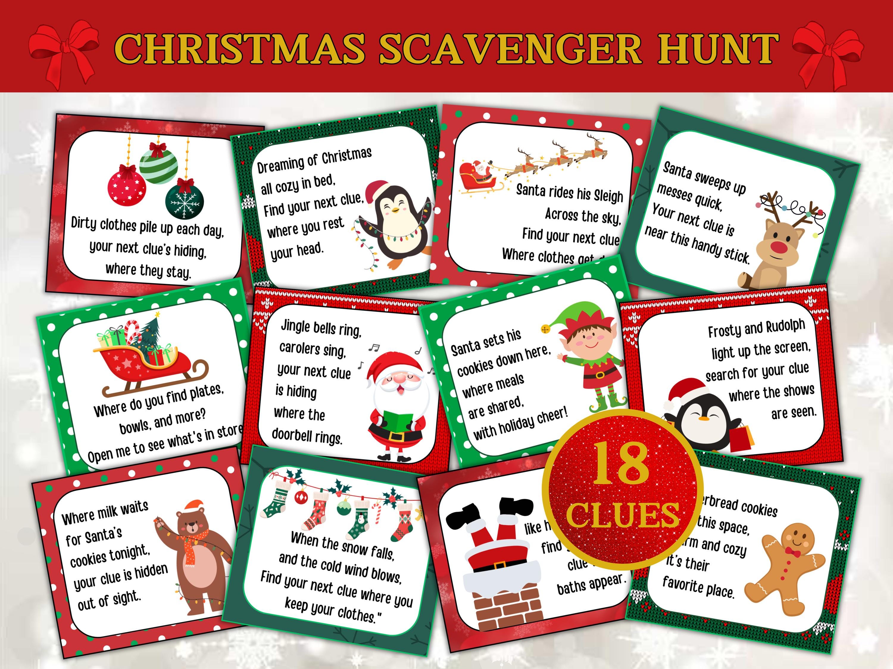 Printable Christmas Scavenger Hunt Clues, Christmas Treasure Hunt Cards ...