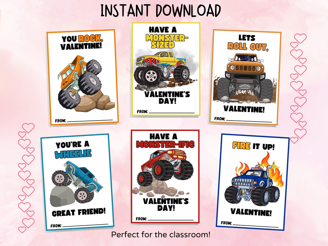Monster Truck Valentines Cards, Kids Printable Valentine's Cards ...