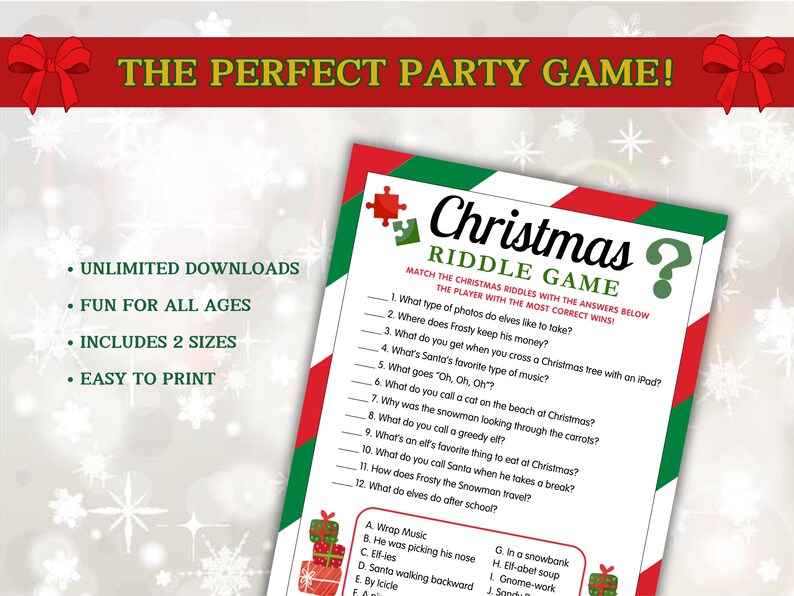 Printable Christmas Riddle Game, Christmas Party Trivia Game, Family ...