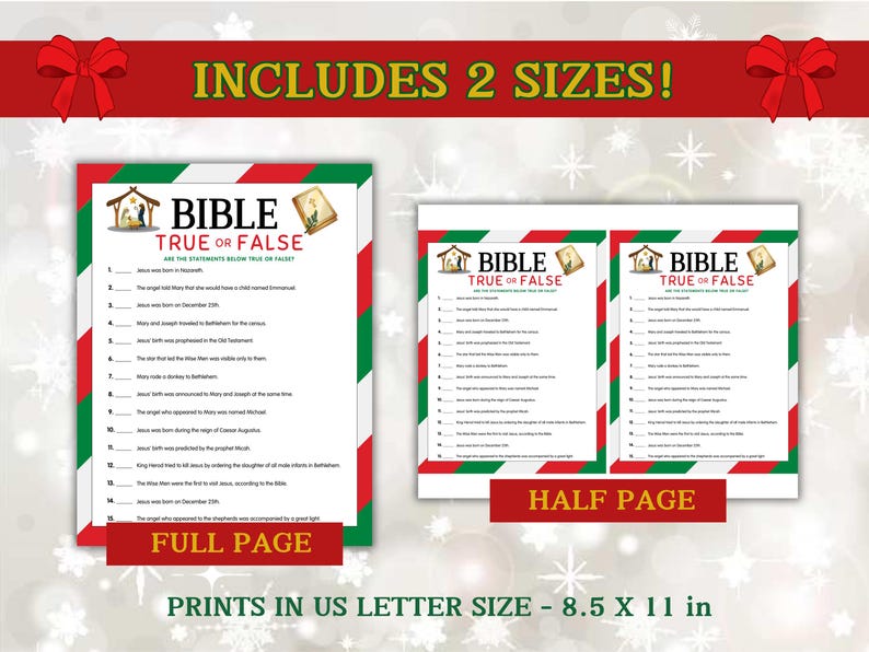 Bible True or False Trivia Game, Christian Christmas True or False Game ...