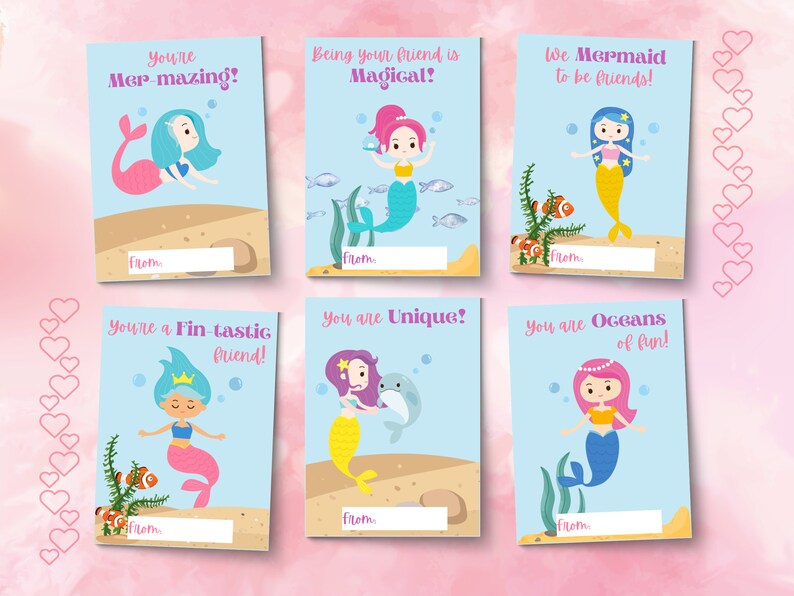 Printable Mermaid Valentines Day Cards, Classroom Valentine's Day Cards ...