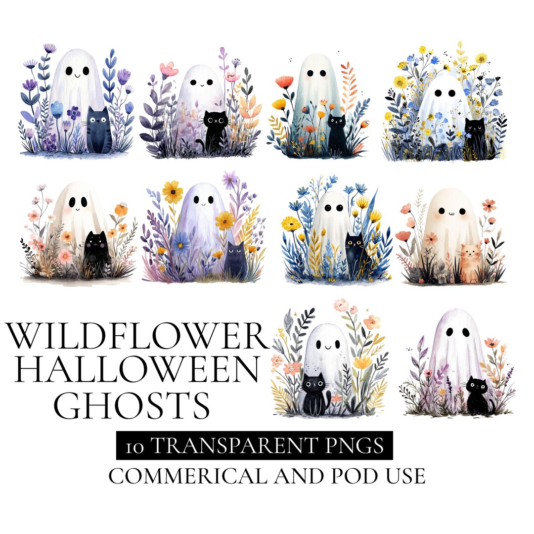 Floral Halloween Ghost Clipart Bundle: Boho Black Cat PNG (digital ...