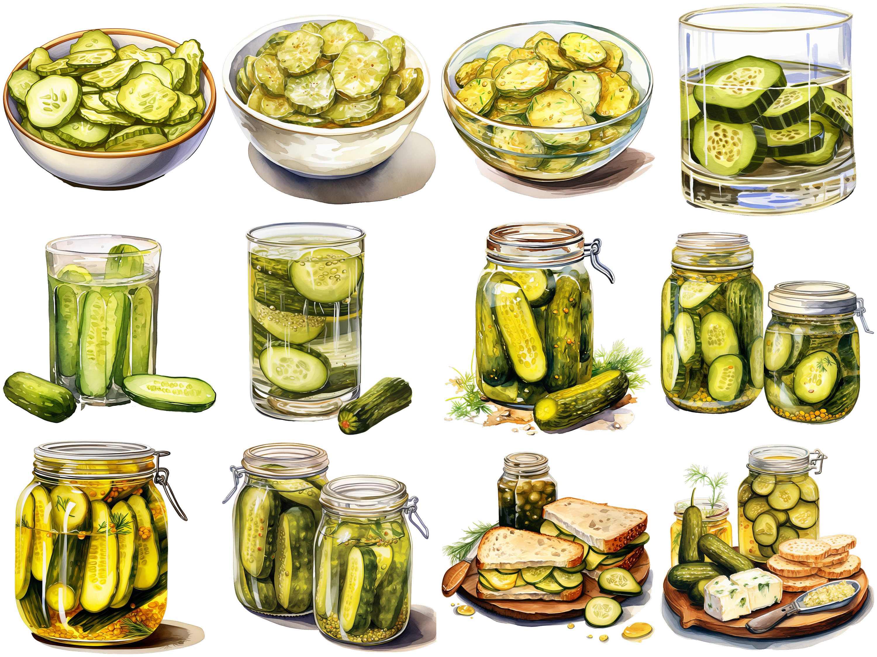Pickle Delights Watercolor Clipart Bundle, Vibrant Pickles, Cute Jars ...