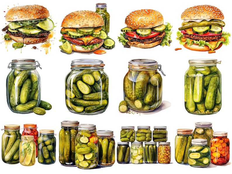 Pickle Delights Watercolor Clipart Bundle, Vibrant Pickles, Cute Jars ...