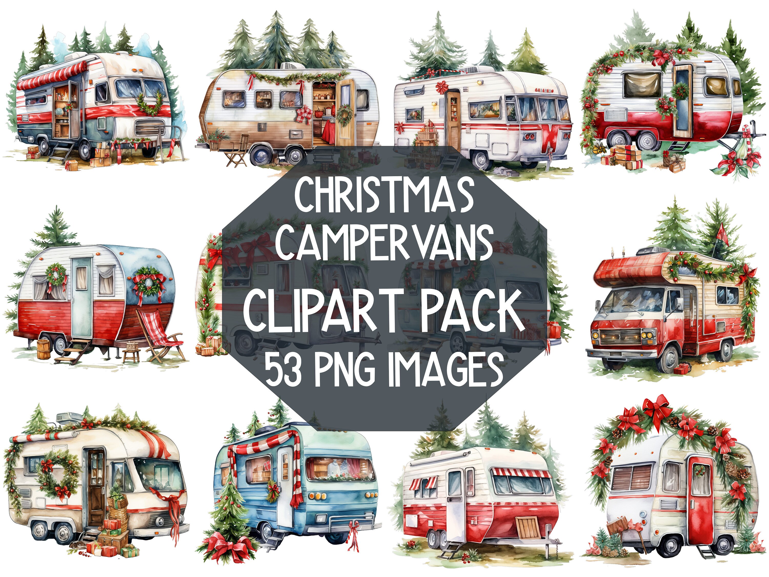 Christmas Camper Van Watercolor Clipart PNG Bundle for Digital Crafts ...