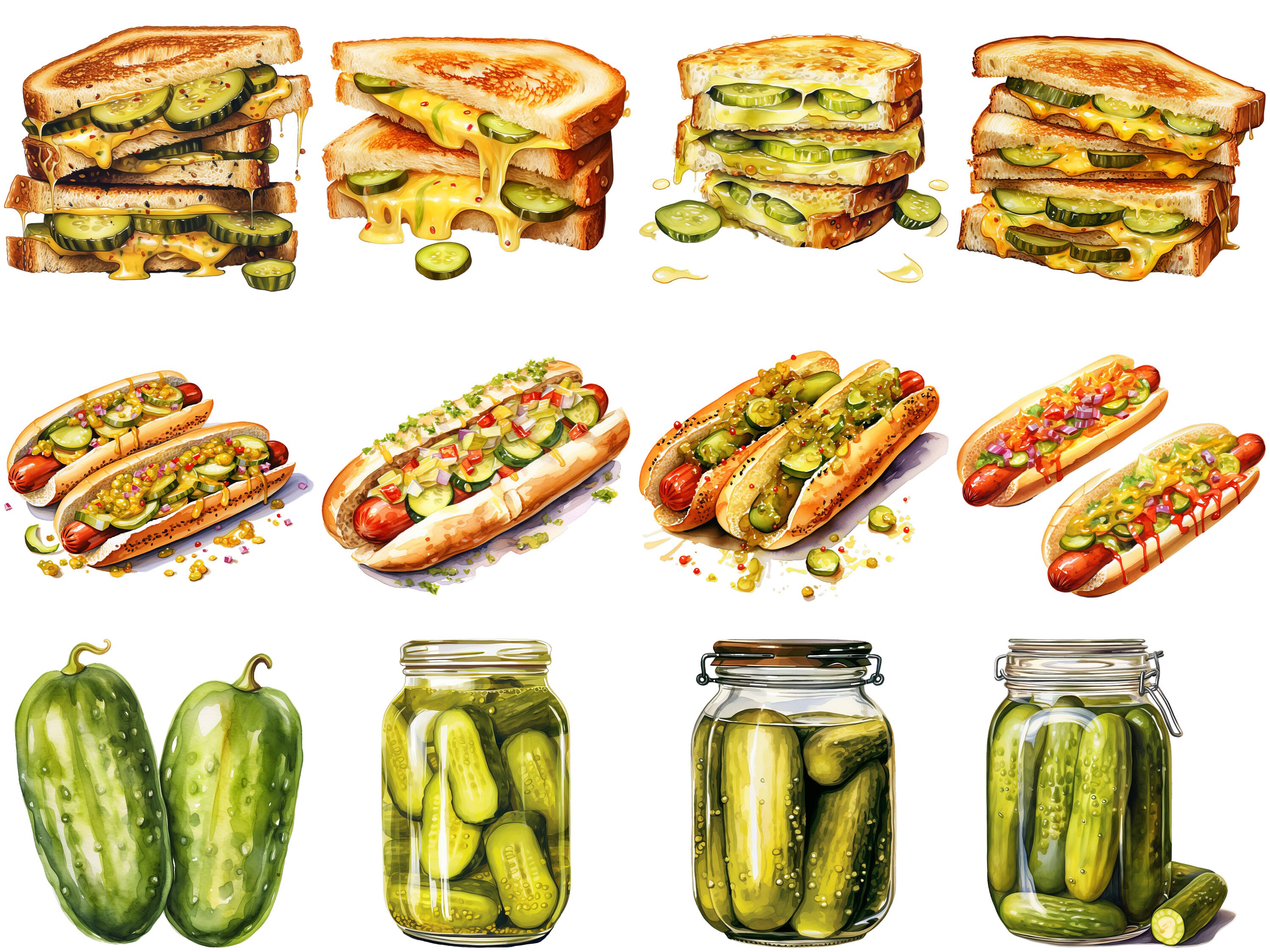 Pickle Delights Watercolor Clipart Bundle, Vibrant Pickles, Cute Jars ...