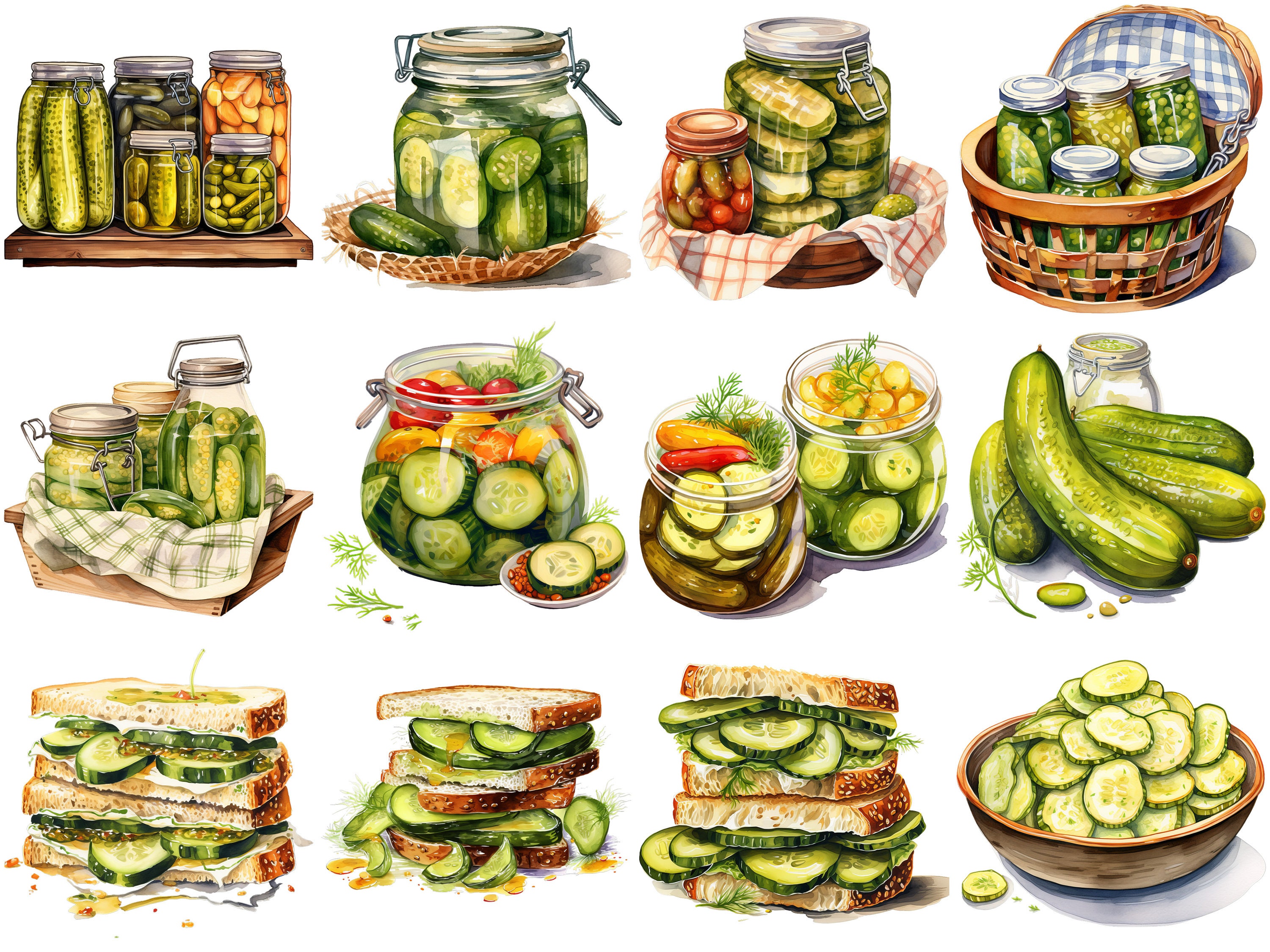 Pickle Delights Watercolor Clipart Bundle, Vibrant Pickles, Cute Jars ...