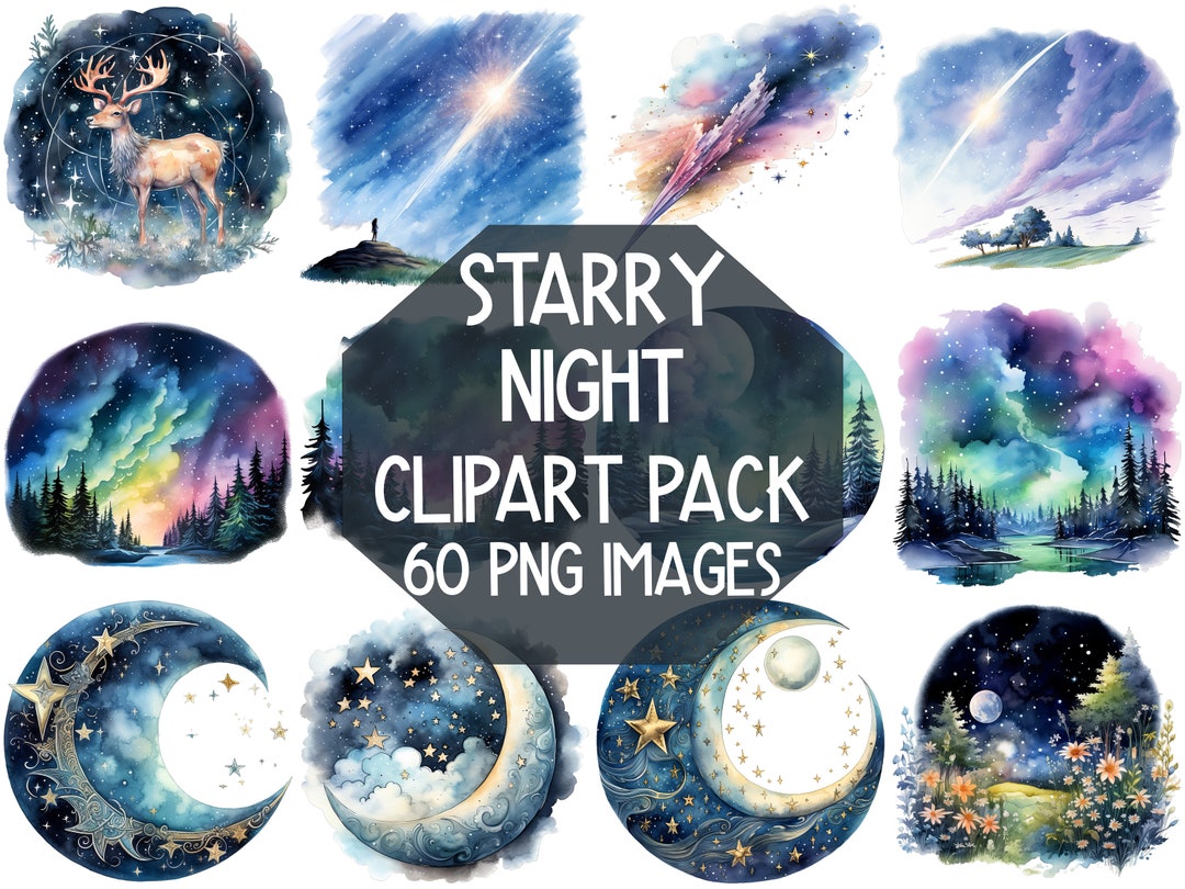 Starry Night Watercolor Clipart Bundle Celestial Sky Illustrations for ...