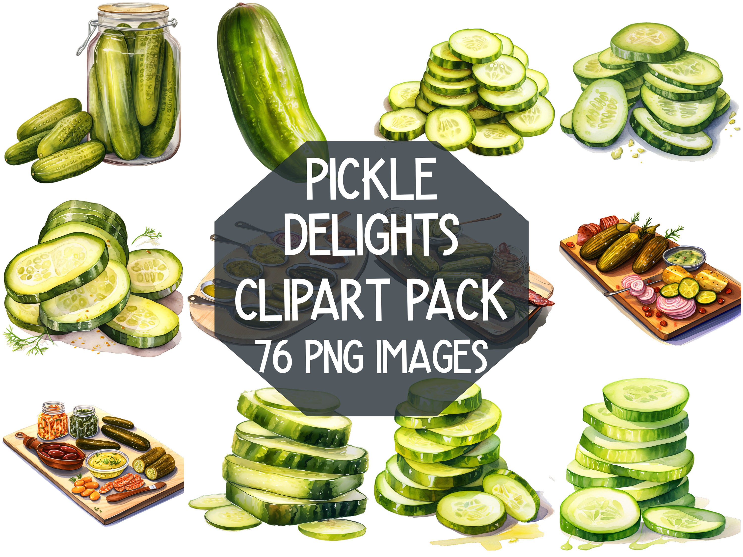 Pickle Delights Watercolor Clipart Bundle, Vibrant Pickles, Cute Jars ...