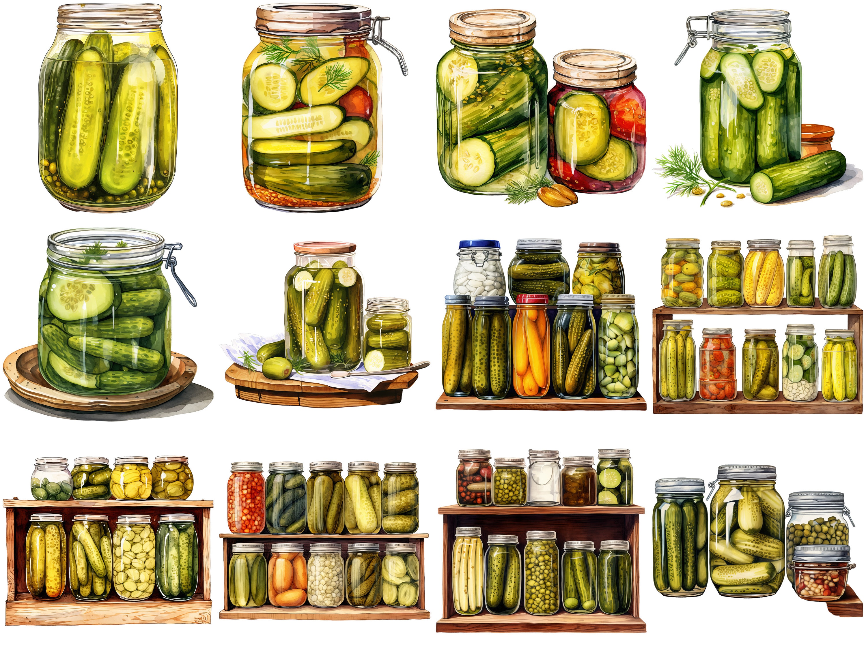 Pickle Delights Watercolor Clipart Bundle, Vibrant Pickles, Cute Jars ...