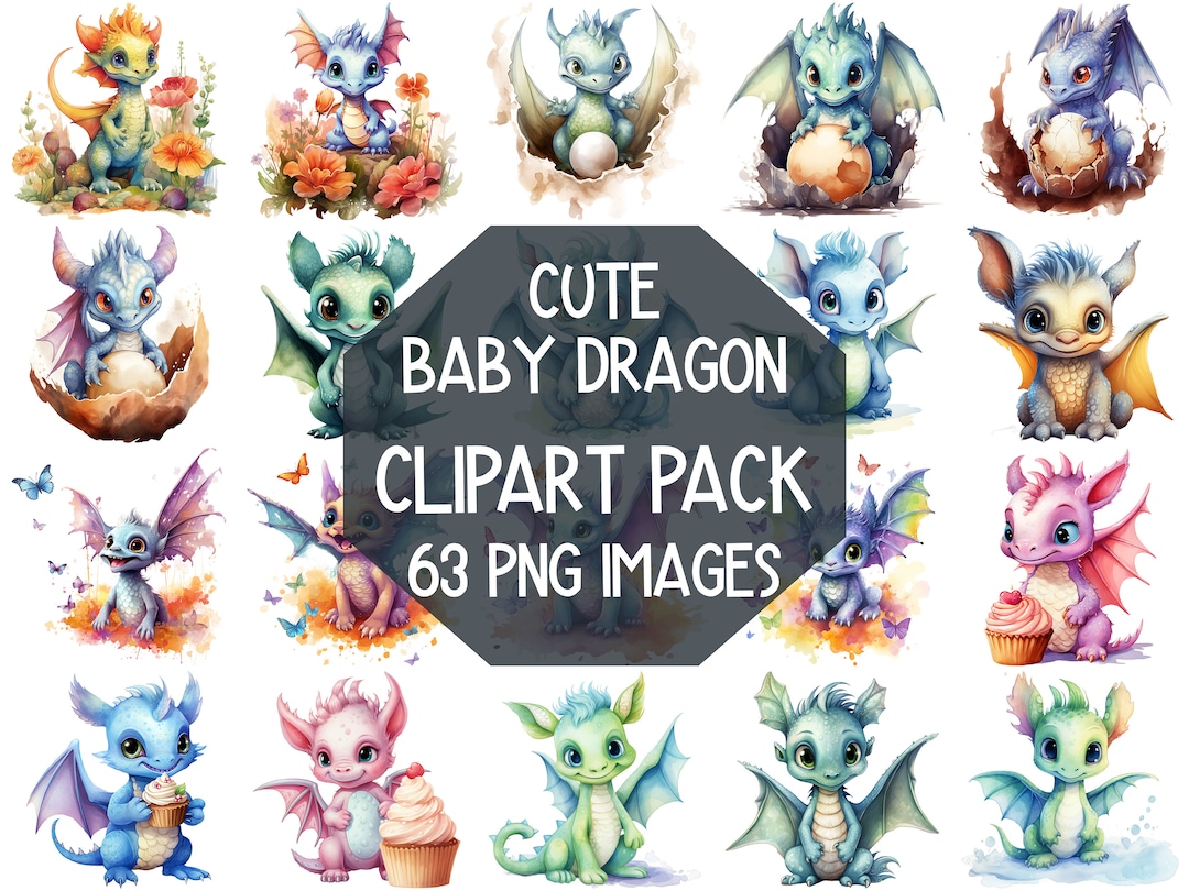Vivid Watercolor Dragons: Unique Fantasy Clipart Set With Cute Kawaii ...
