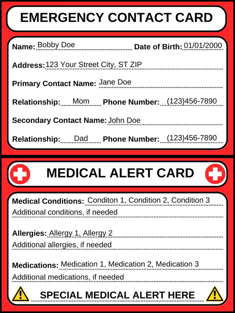 Emergency Contact Card / Medical Alert Card Printable - Etsy