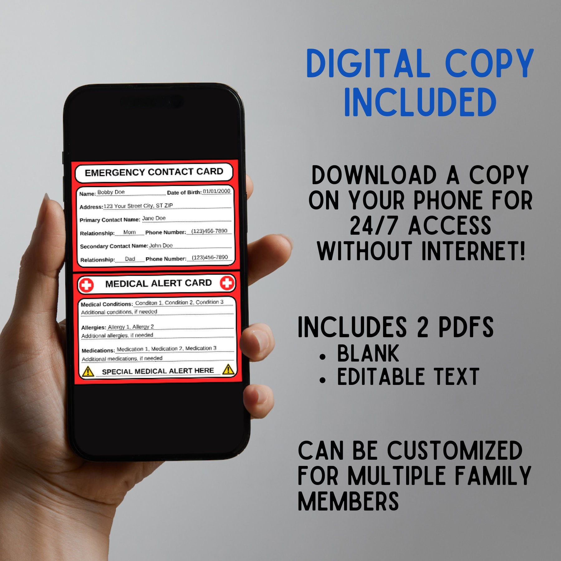 Emergency Contact Card / Medical Alert Card Printable - Etsy