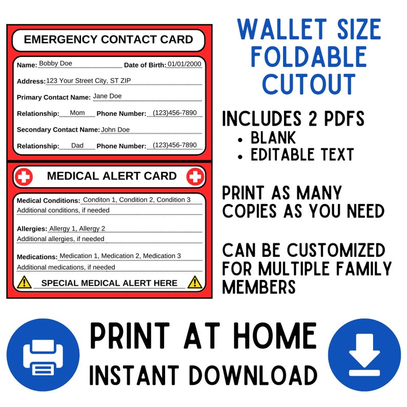 Emergency Contact Card / Medical Alert Card Printable - Etsy