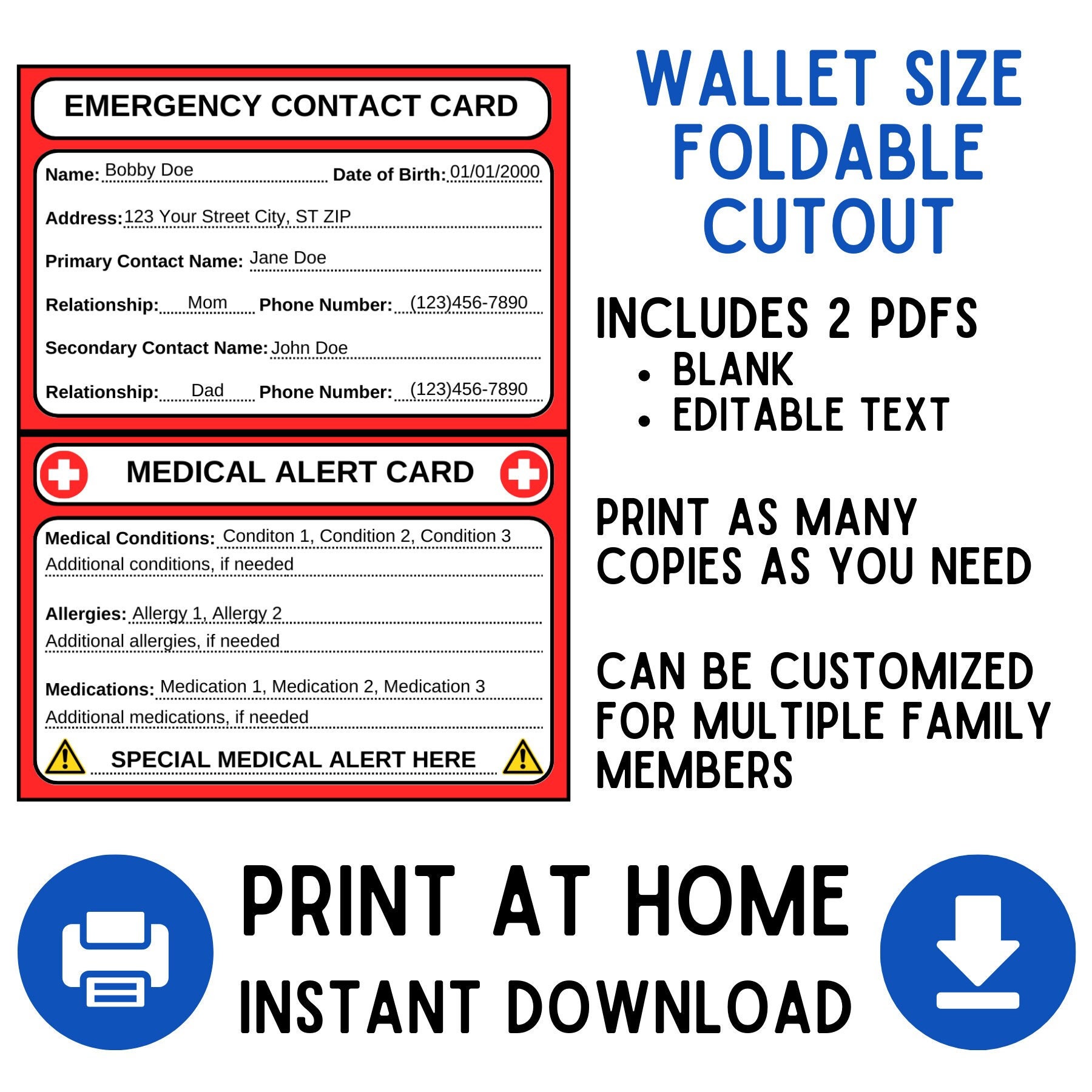 Emergency Contact Card / Medical Alert Card Printable - Etsy