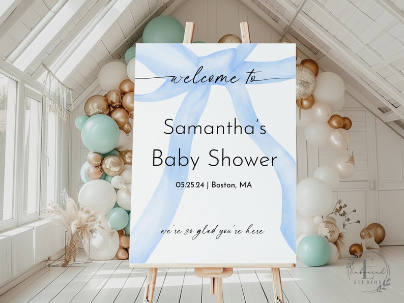 Boy Baby Shower Welcome Sign, Blue Ribbon Welcome Sign Template, Custom ...