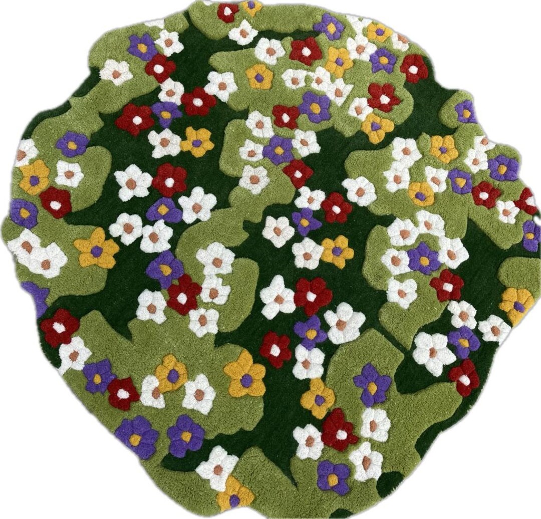 Handmade Daisy Rug, Irregular Grass Meadow Rug, Green White Rug, Moss ...