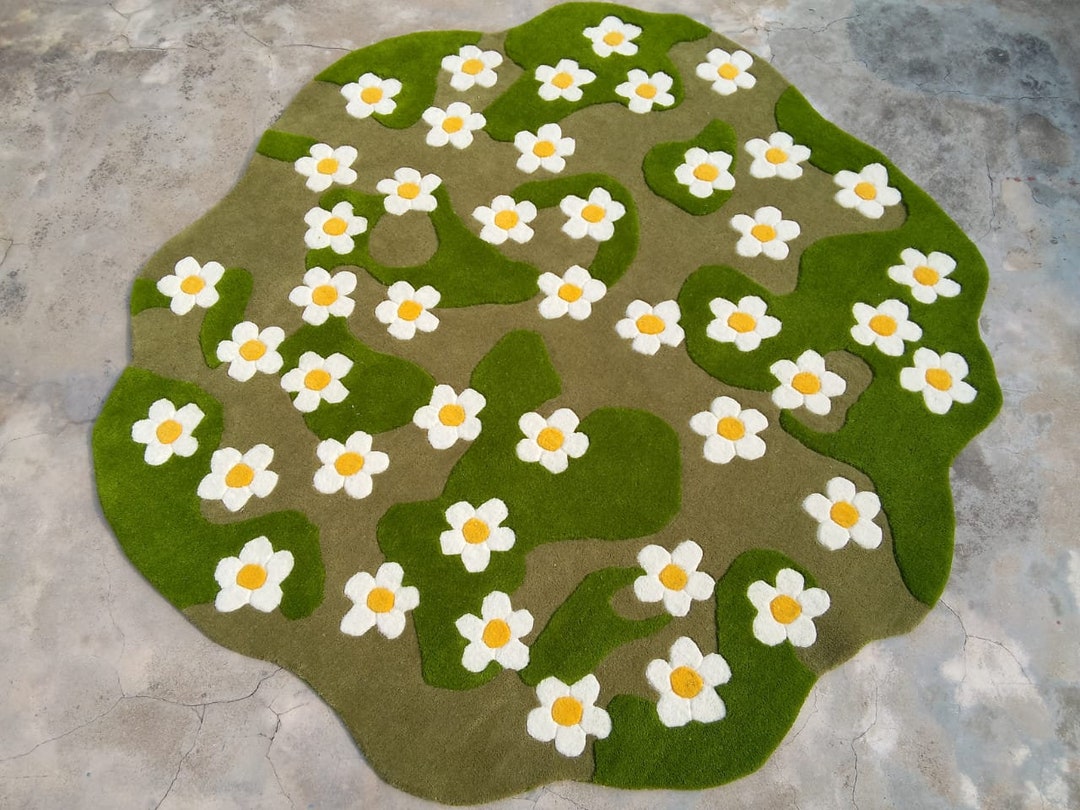 Handmade Daisy Rug, Irregular Grass Meadow Rug, Green White Rug, Moss ...