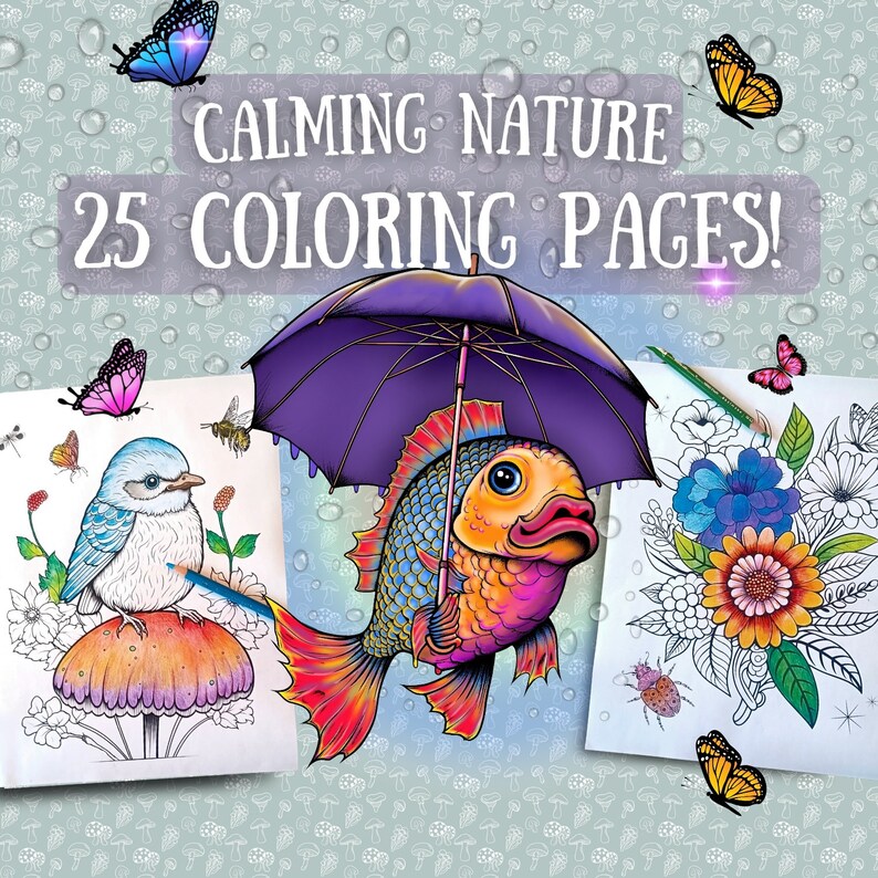 Calming Nature: Adult Coloring Pages With Mushrooms, Animals ...