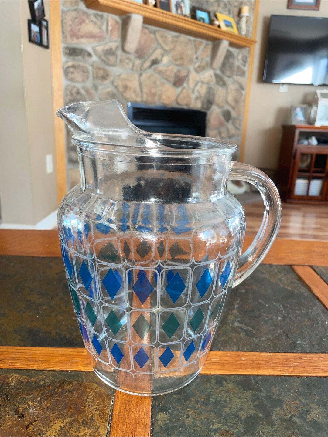 Vintage 1 Gallon Blue and Green Diamond Pattern Water Pitcher - Etsy