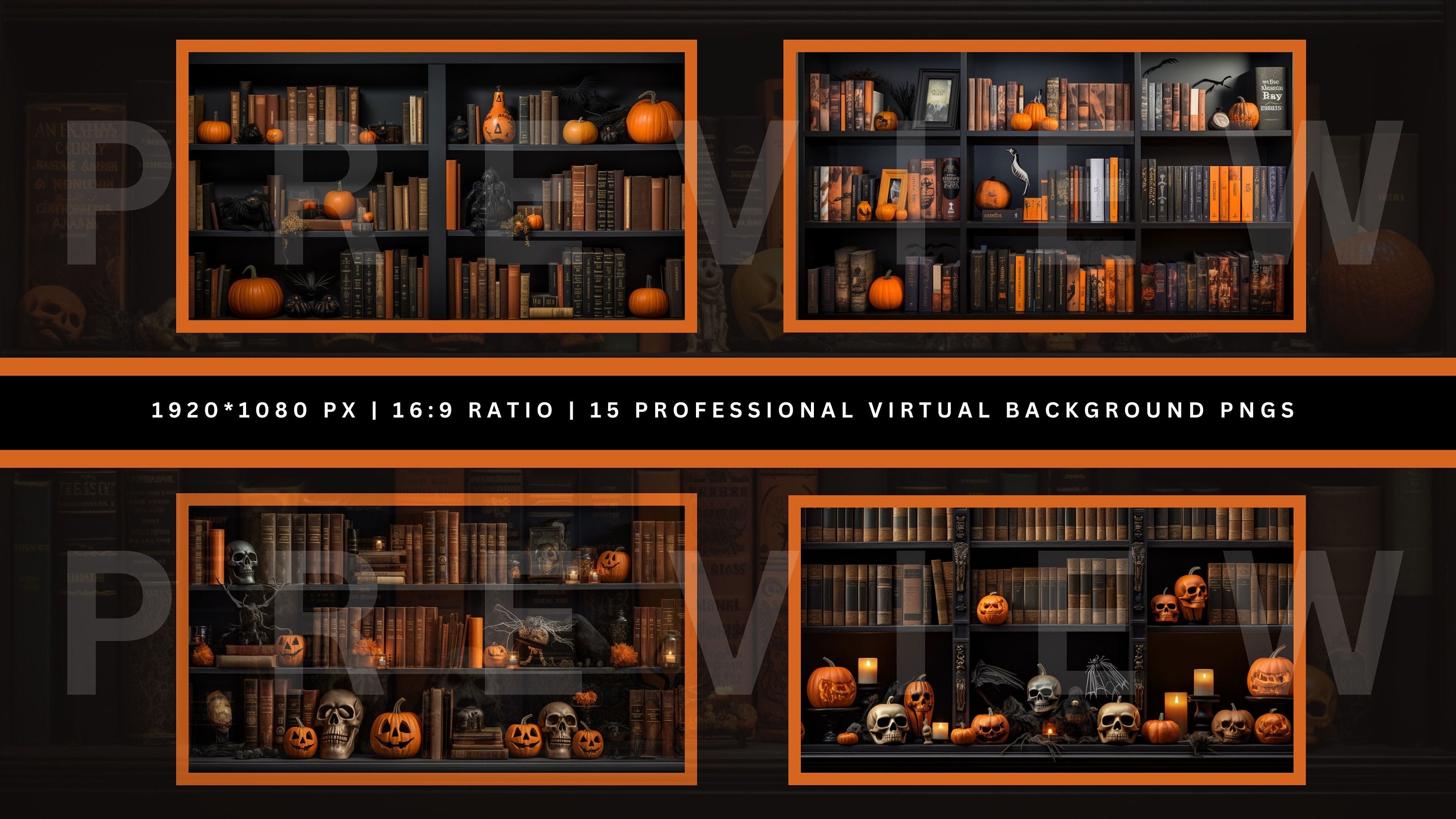 15 Halloween Bookshelves Bundle Halloween Backgrounds Zoom Virtual ...