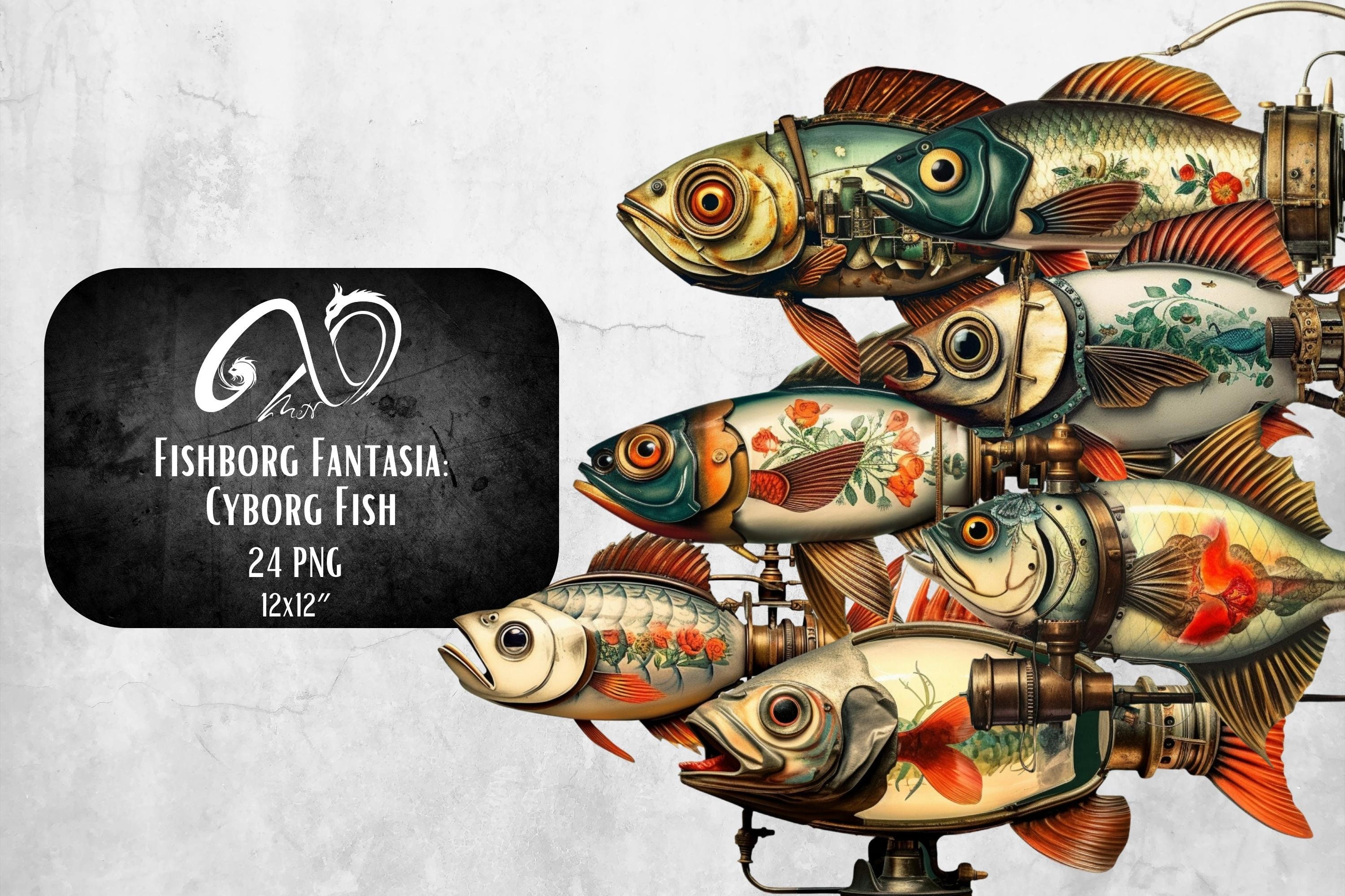 Fishborg: Cyborg Fish, Printable Surreal Backgrounds, Commercial Use, Collage, Whimsical, JPG ...
