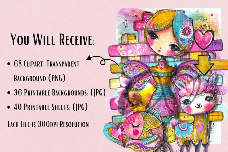 Rainbow Paper Doll Clipart: Whimsical Mixed Media Art (digital Download ...