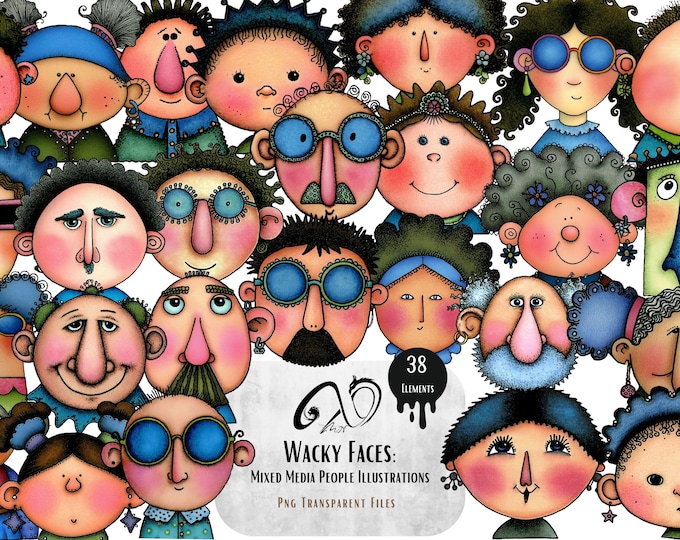Quirky Whimsical Funny Faces Clipart Set - 13 PNG Instant Download ...