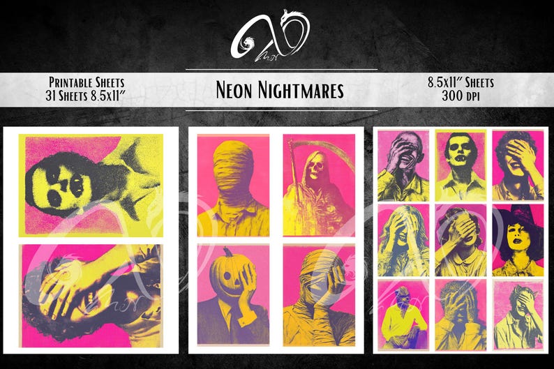 Retro Horror Clipart: Neon Nightmares Printable Backgrounds (digital ...