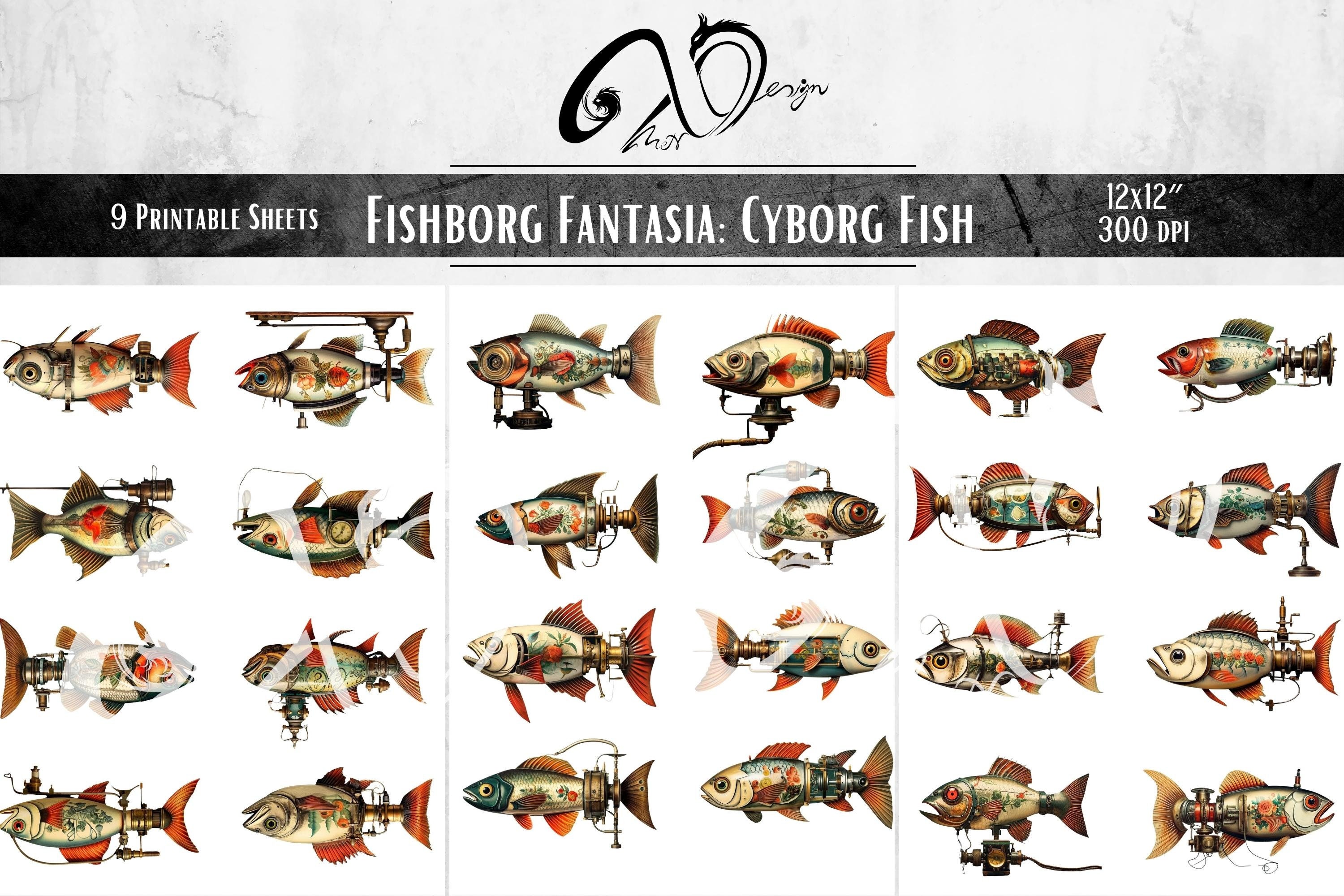 Fishborg: Cyborg Fish, Printable Surreal Backgrounds, Commercial Use ...