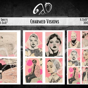 Charmed Visions: Pink Romantic and Bold Portrait, Digital Junk Journal Ephemera, Printable ...