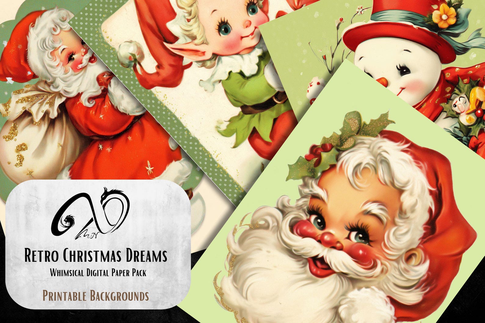 Retro Christmas Digital Paper Pack: Vintage Holiday Ephemera (digital ...
