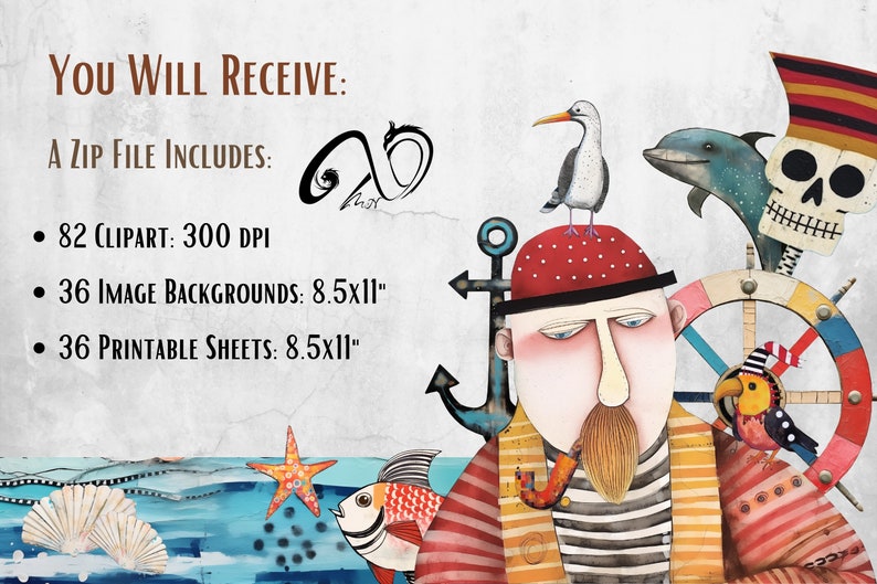 Ahoy, Matey Whimsical Clipart, Ephemera, Mixed Media Art, Printable ...
