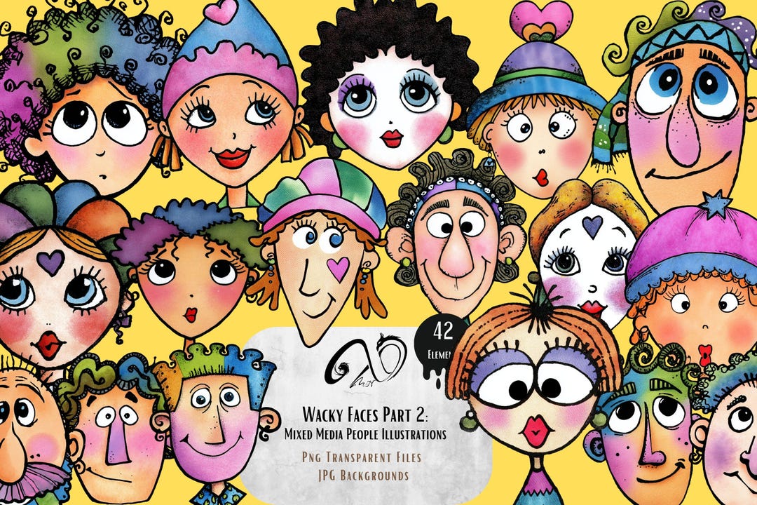 Wacky Faces 2: Mixed Media People Illustration, Fussy Cut, Quirky Faces ...